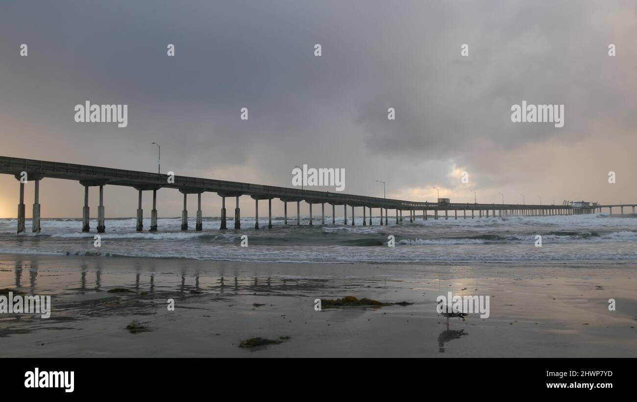 Ocean Beach pier in rainy weather, sea waves in foggy air, California ...