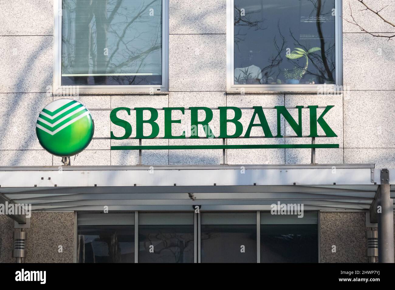 Slovenia, Ljubljana - March 6 2022: Sberbank logo on building. Russian ...