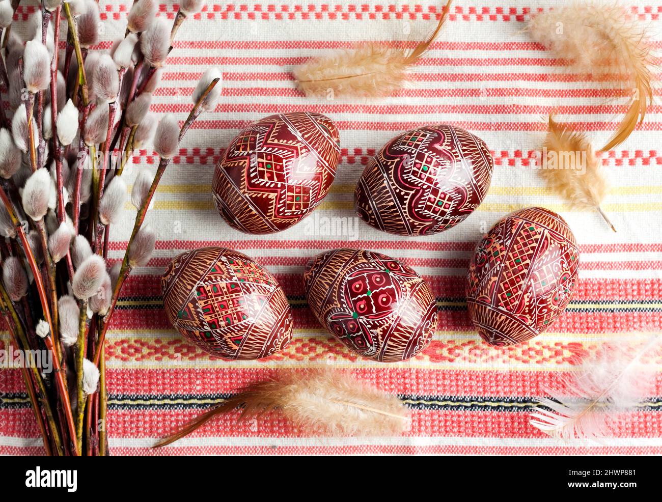 Easter still life with Pysanka on traditional Ukrainian cloth ...