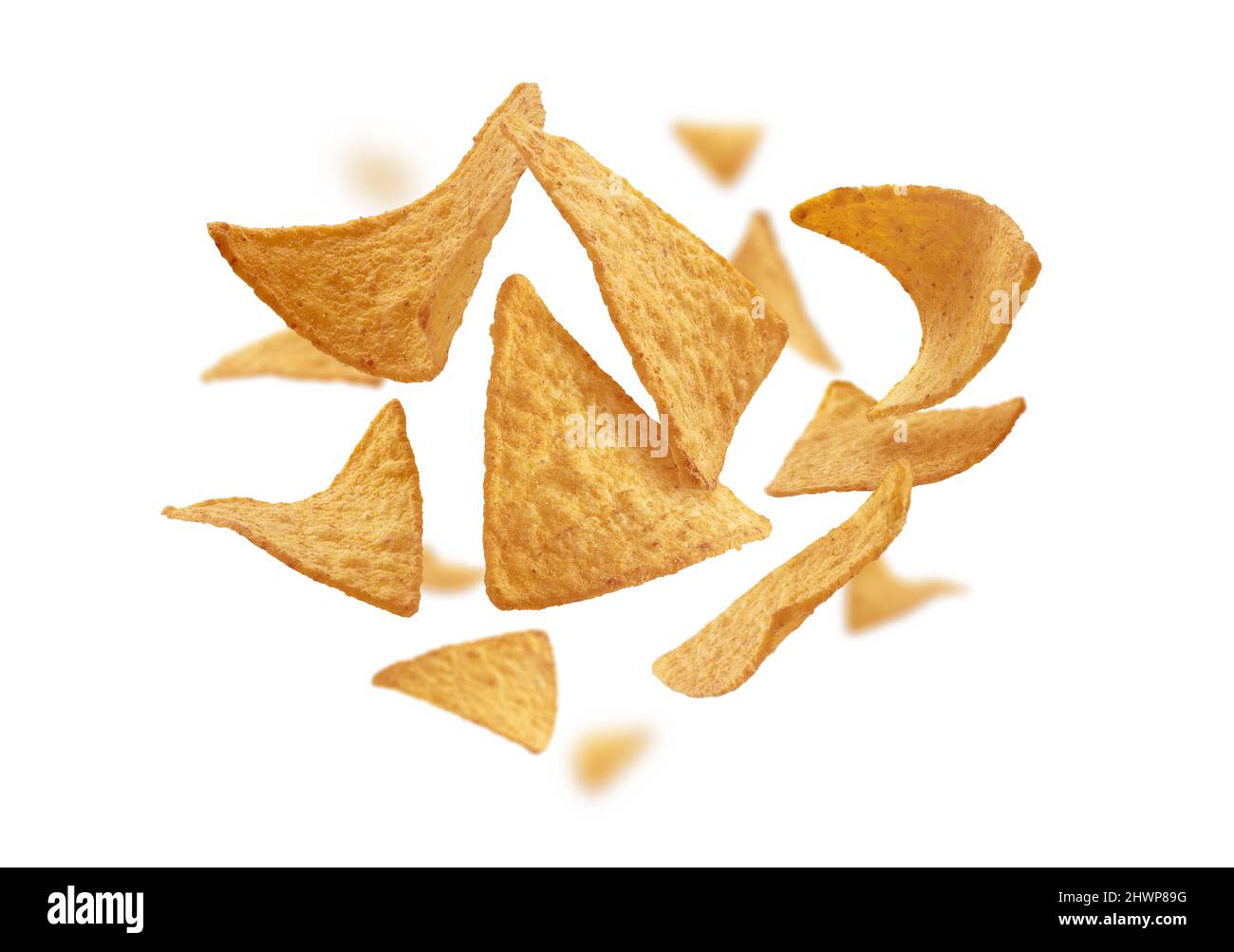 Corn chips of triangular shape levitate on a white background Stock ...