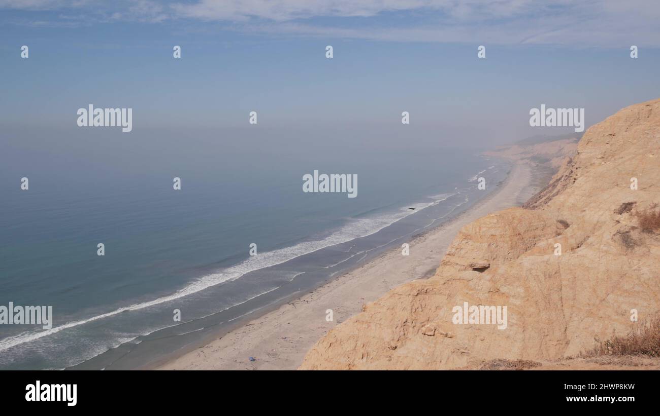 Steep cliff, rock or bluff, foggy weather, California coast erosion ...