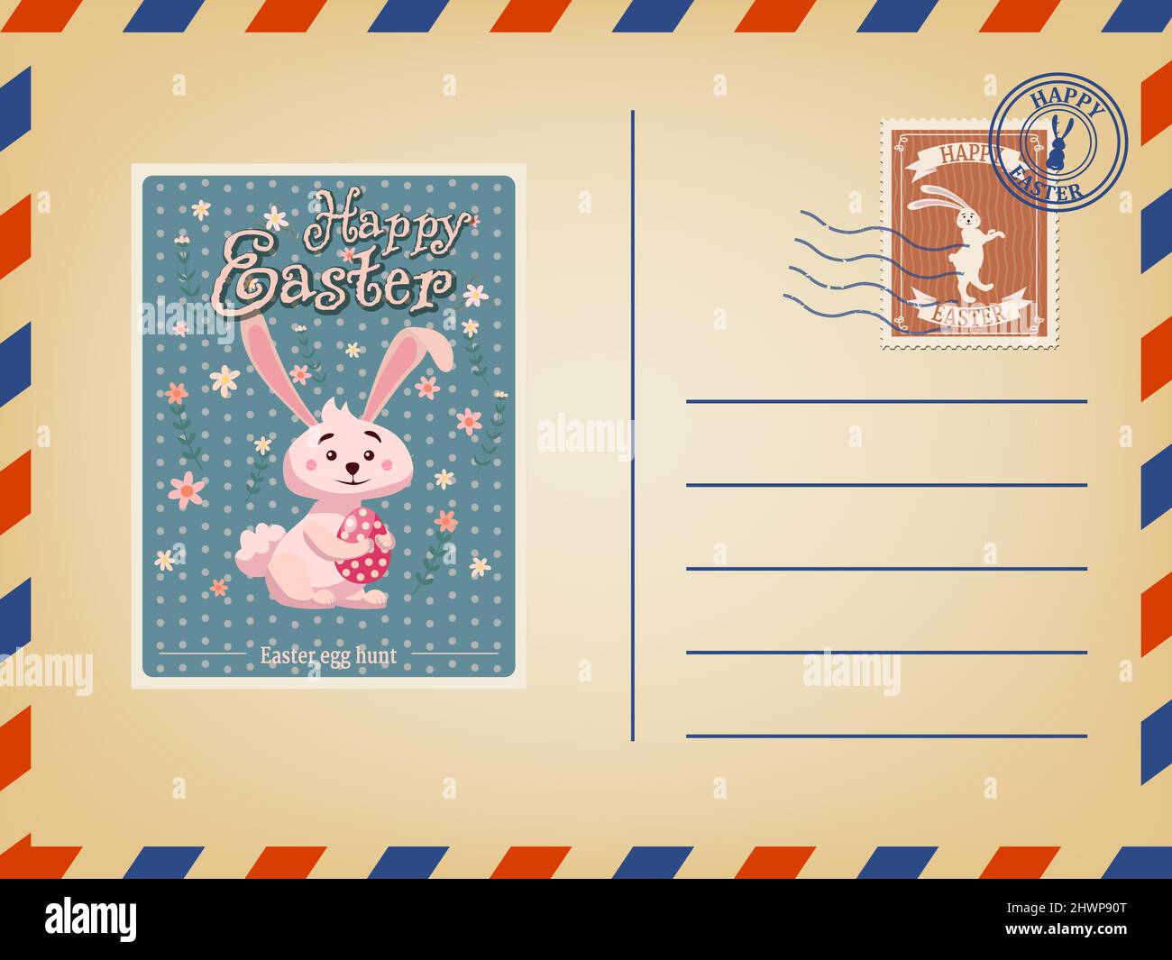 Easter envelope paper mail with a Easter Bunny, stamp, vintage. Vector ...