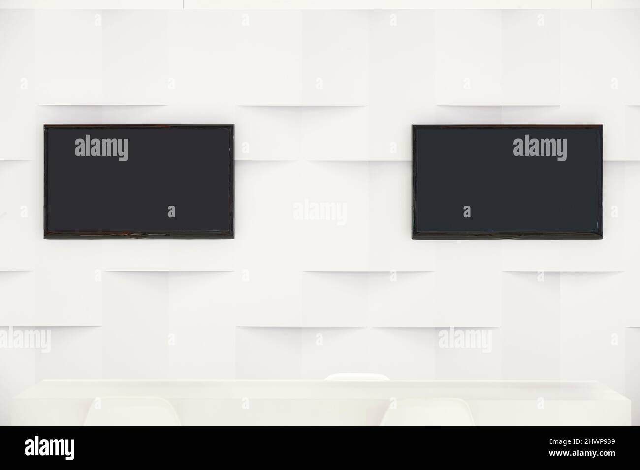 Two Tvs On A White Wall Modern Stylish Interior Design Stock Photo Alamy two-tvs-on-a-white-wall-modern-stylish-interior-design-stock-photo-alamy