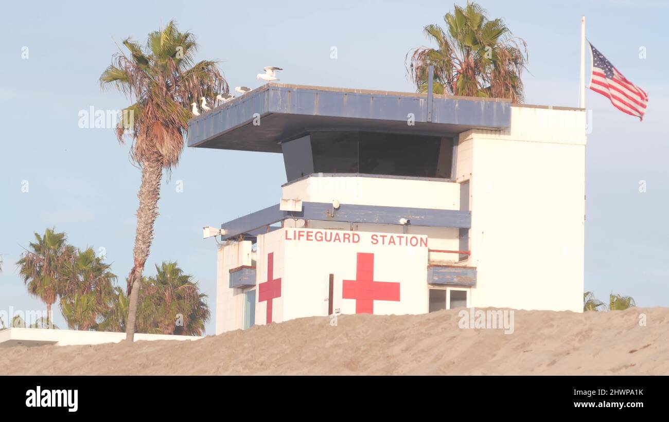 Lifeguard stand, life guard tower hut, surfing safety on California ...
