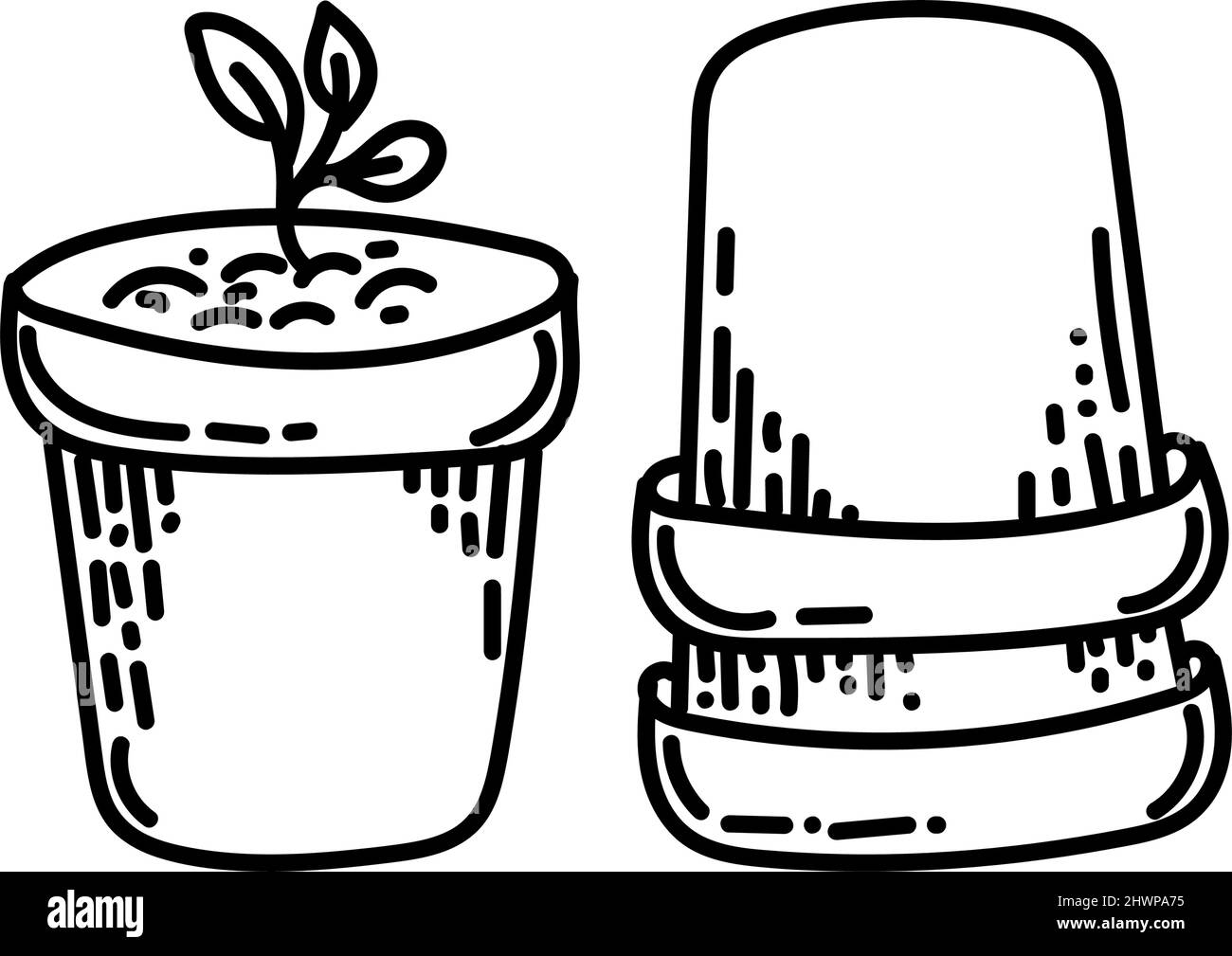 Flower pots, hand-drawn doodle-style element. Pots with sprouts ...