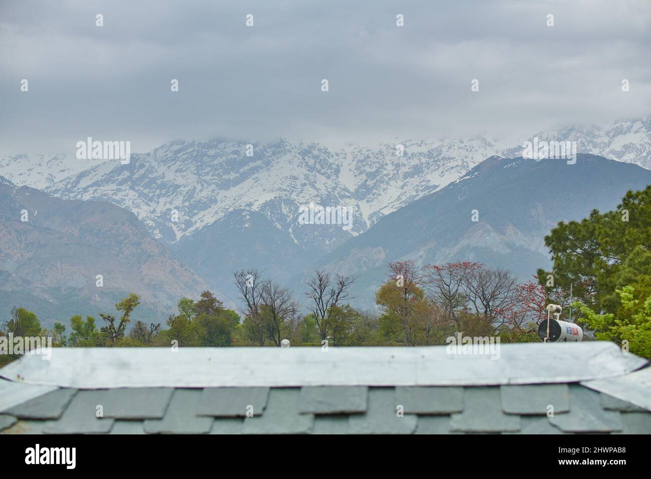 View of the mighty Dhauladhar Range in the Himalayan Mountains from ...