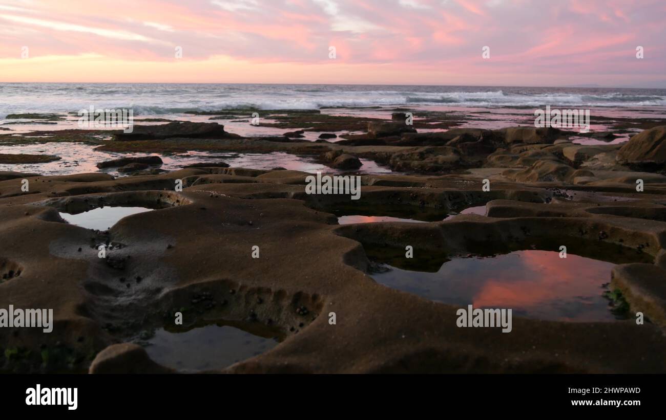 Eroded rock formation, tide pool shape in La Jolla, California coast ...