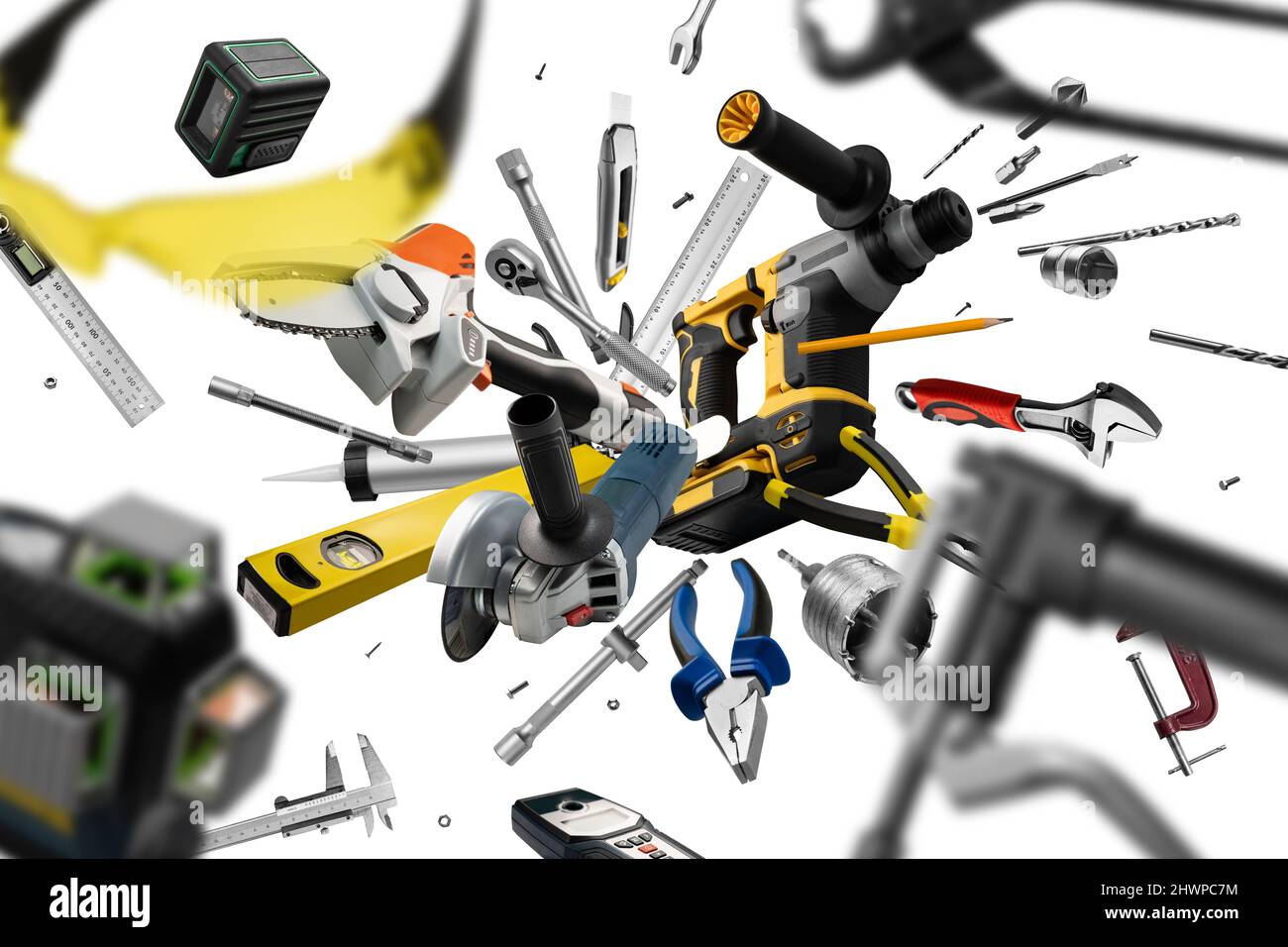 Construction tools levitate on a white background Stock Photo - Alamy