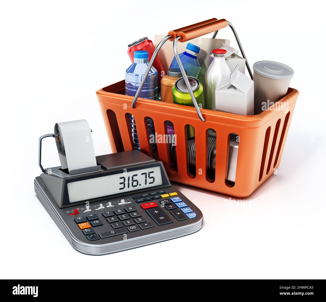 Shopping basket full of items standing next to a calculator. 3D ...