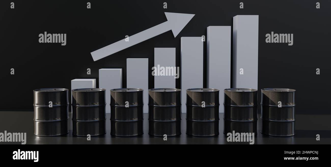 Crude Oil price rise up. Black color petrol barrel and chart on black ...