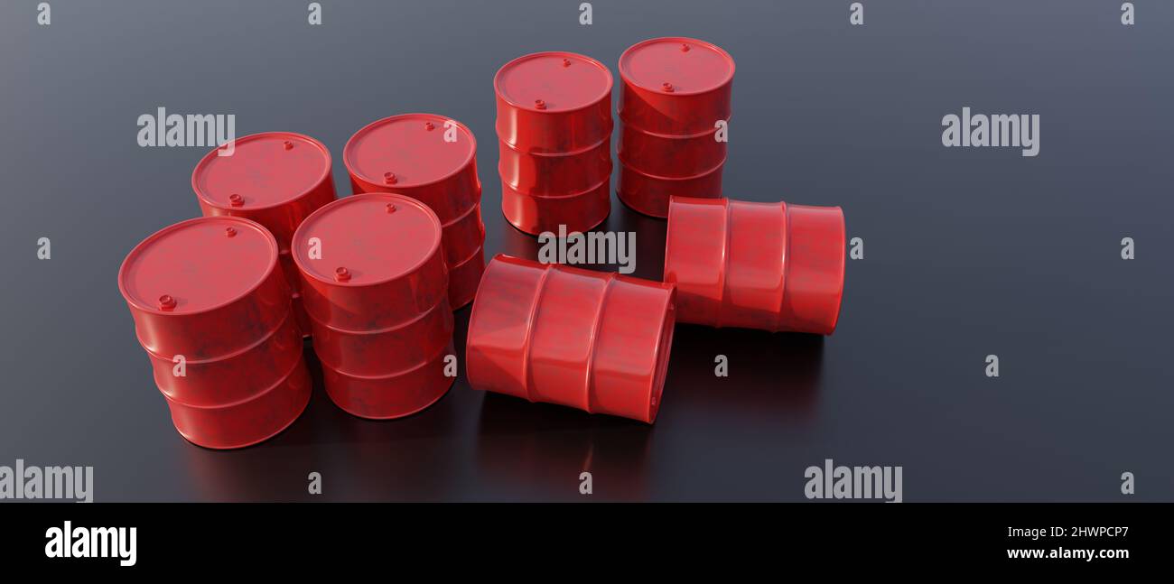 Red color metal barrel on black background, above view. Oil and gas ...