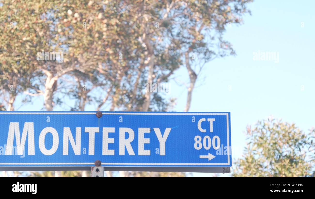 Monterey road sign, California street crossroad, USA. Tourist resort ...