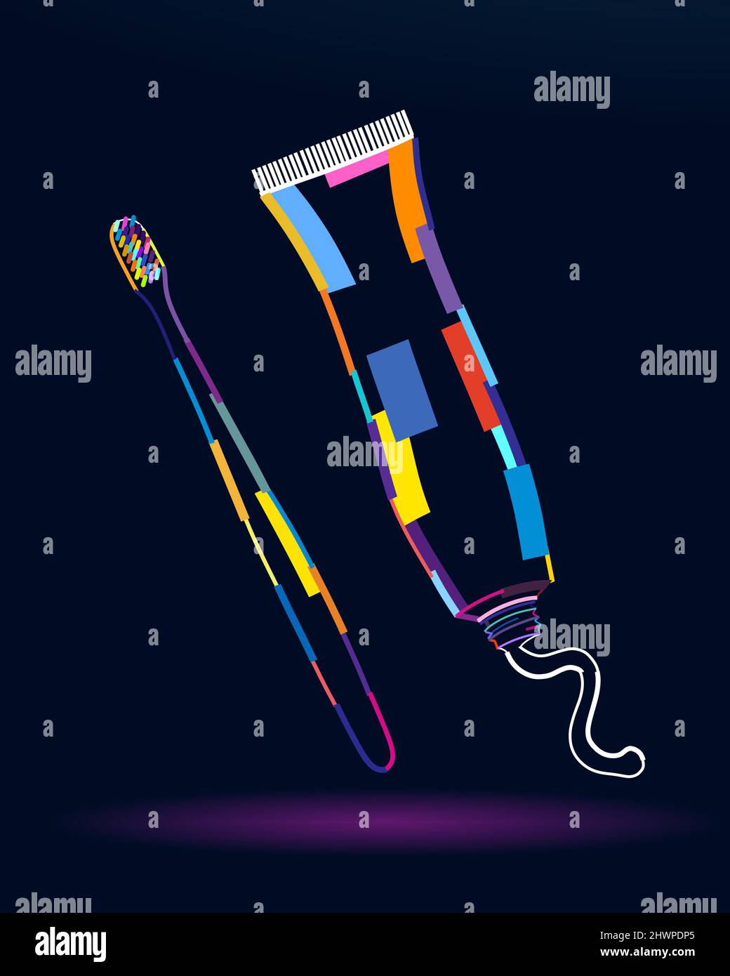 Abstract tube of toothpaste and toothbrush from multicolored paints ...