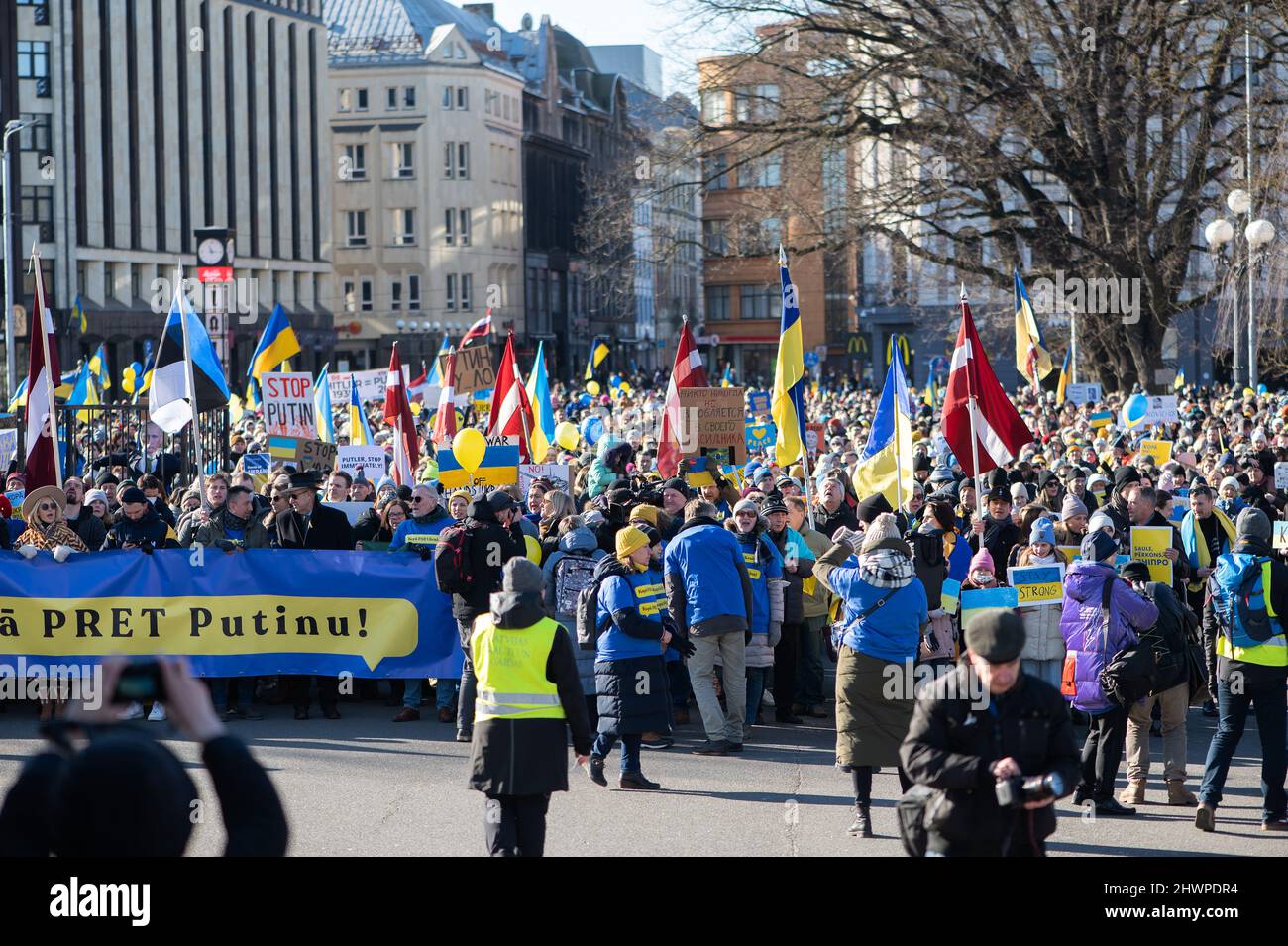 Riga, Latvia - March 05, 2022: Protest against war in Ukraine and ...