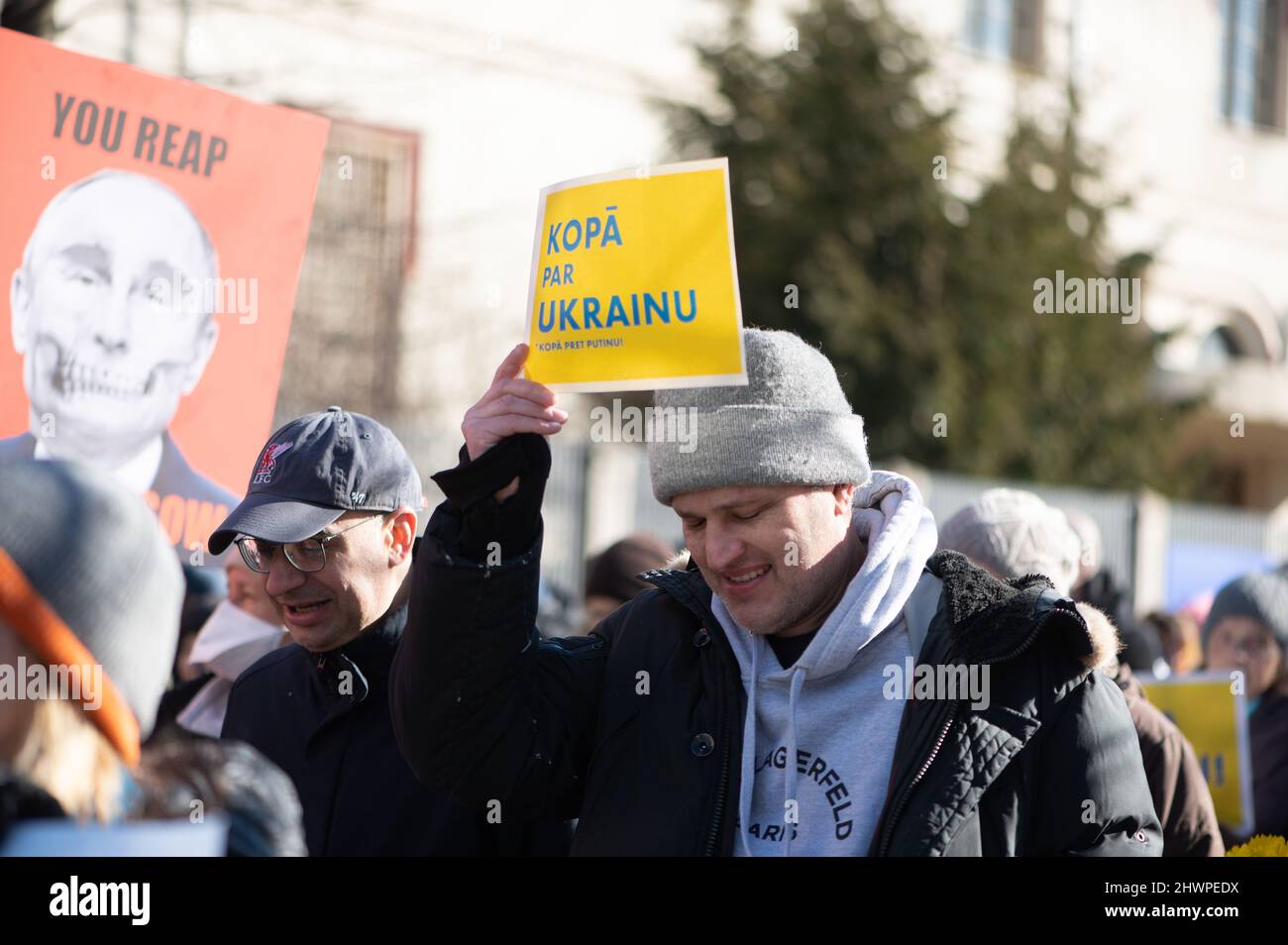 Riga, Latvia - March 05, 2022: Protest against war in Ukraine and ...