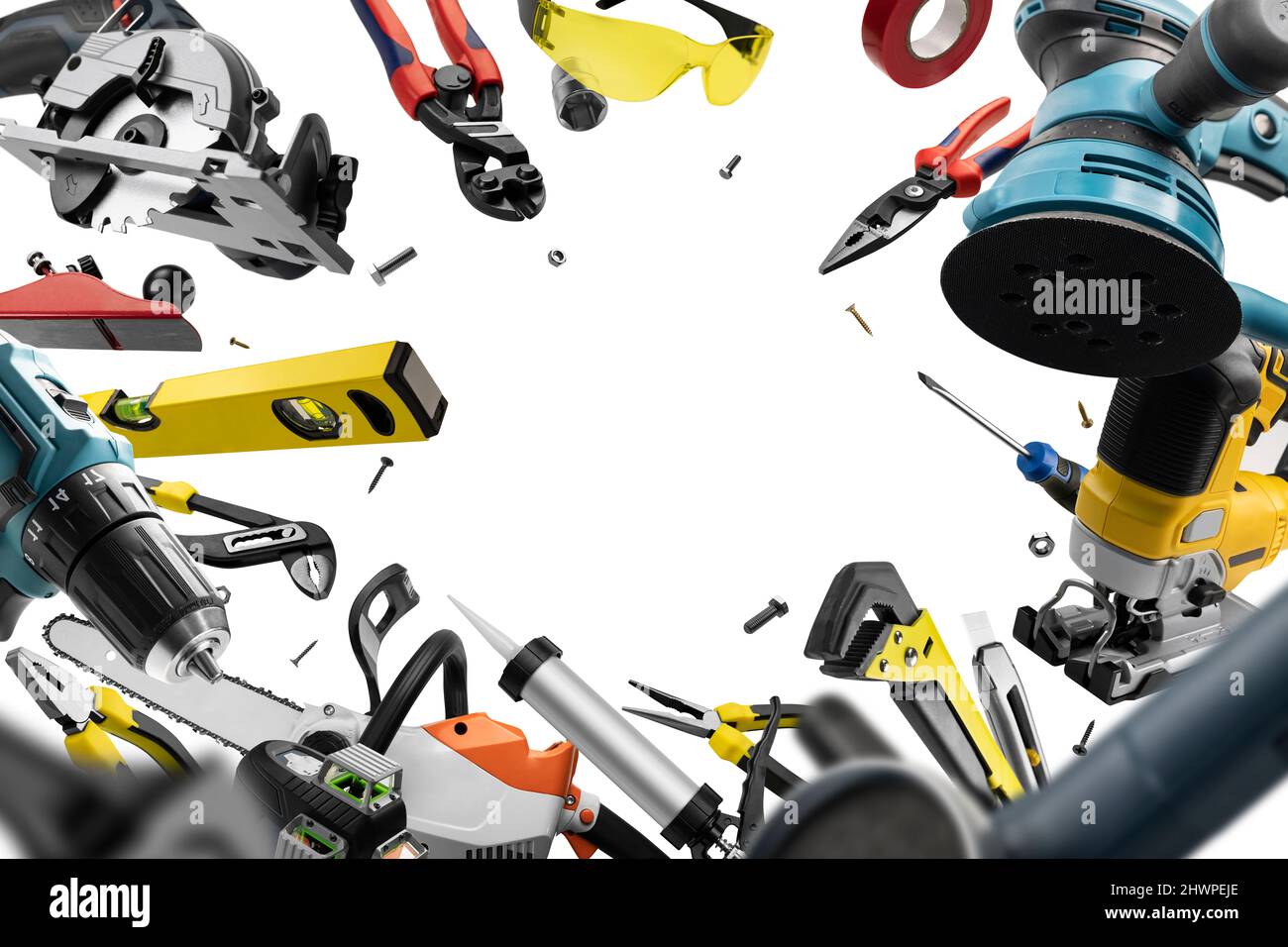 Construction tools levitate on a white background Stock Photo - Alamy