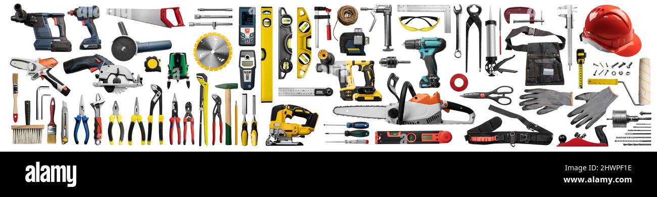 Large set of construction tools on a white background Stock Photo - Alamy