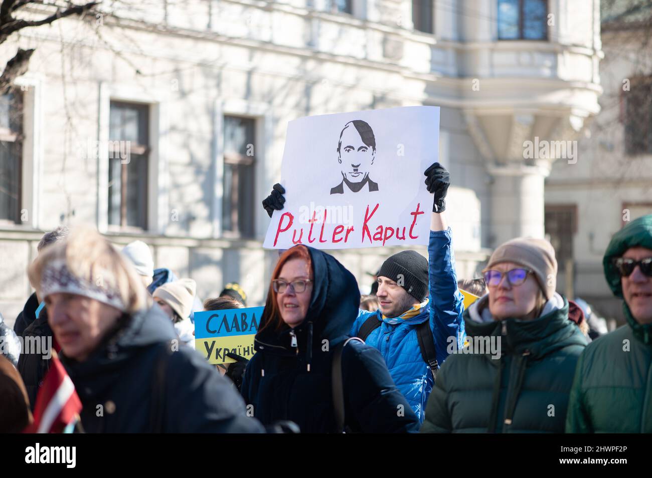 Riga, Latvia - March 05, 2022: Protest against war in Ukraine and ...