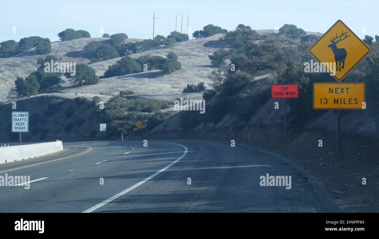 Deer crossing warning yellow sign, California USA. Wild animals xing ...