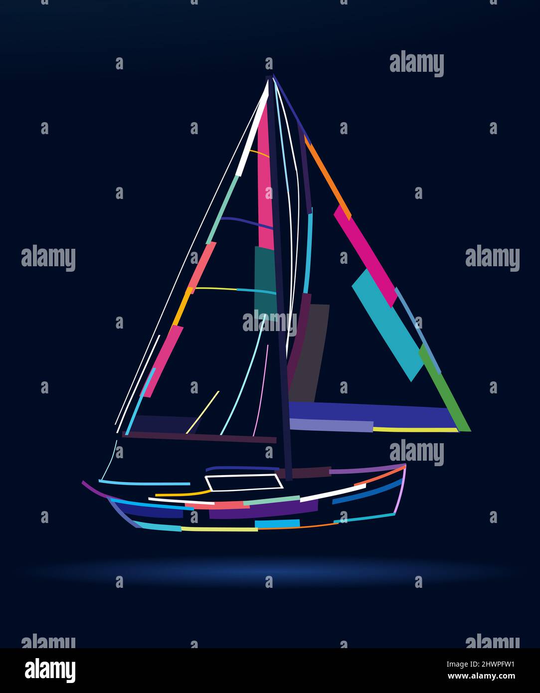 Abstract sailing yacht from multicolored paints. Colored drawing ...