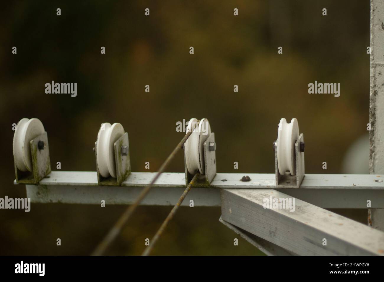 Clotheslines for drying clothes. Ropes outside window are stretched ...