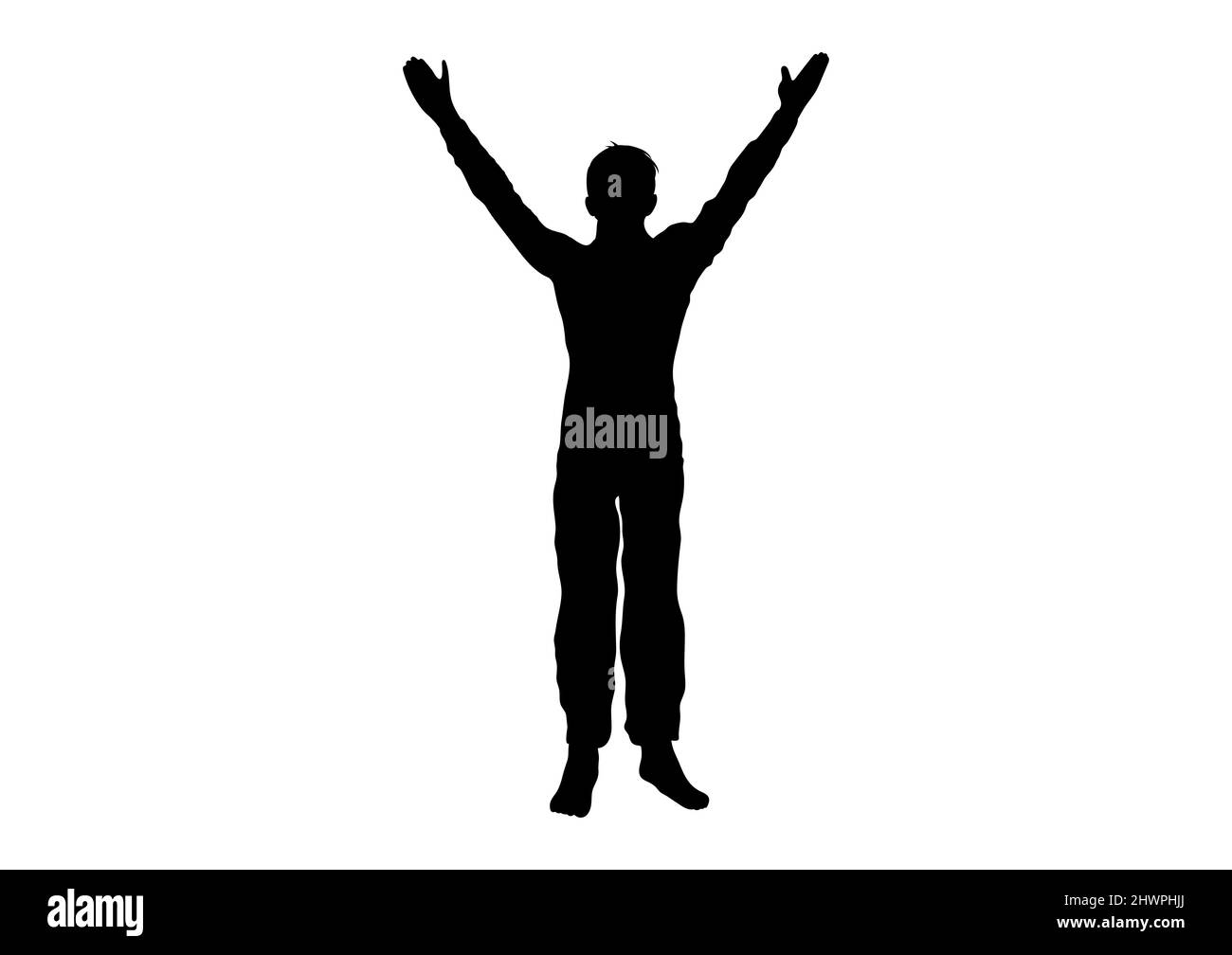drawing silhouette the man standing raise your hand with isolated white ...