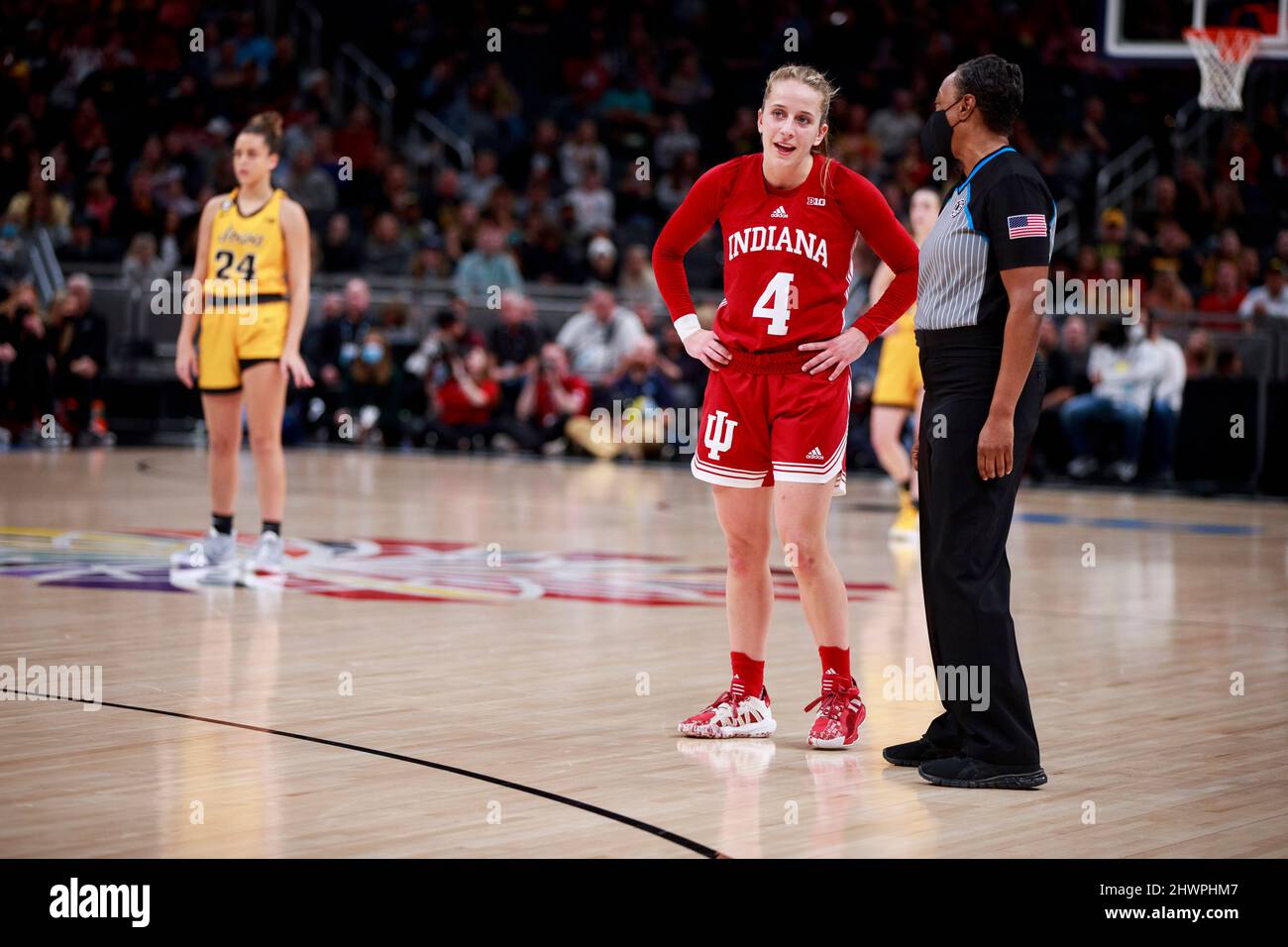 Indiana Hoosiers guard Nicole Cardano-Hillary (4) talks to an official ...