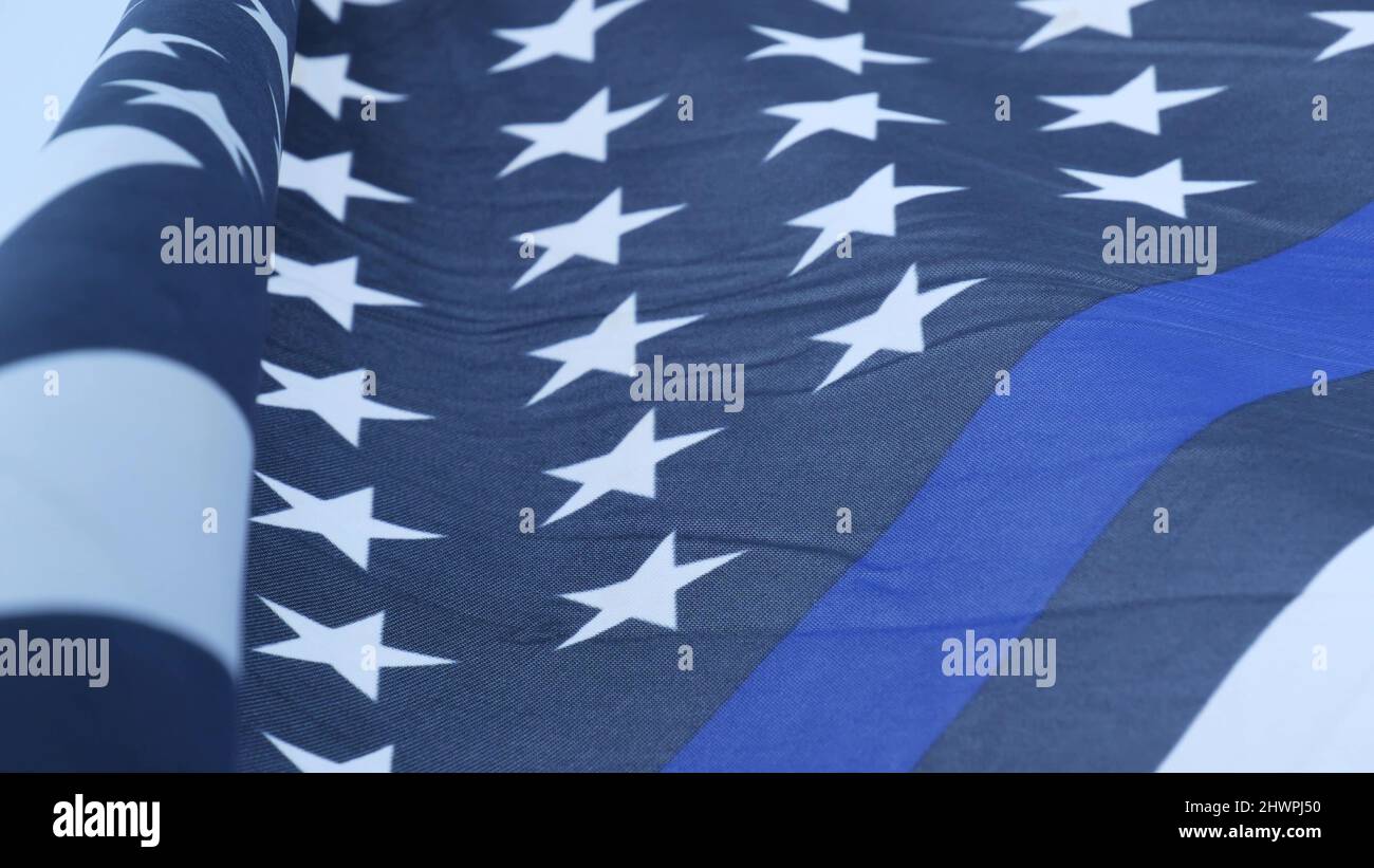 Black white american monochrome flag with blue stripe or line, police ...