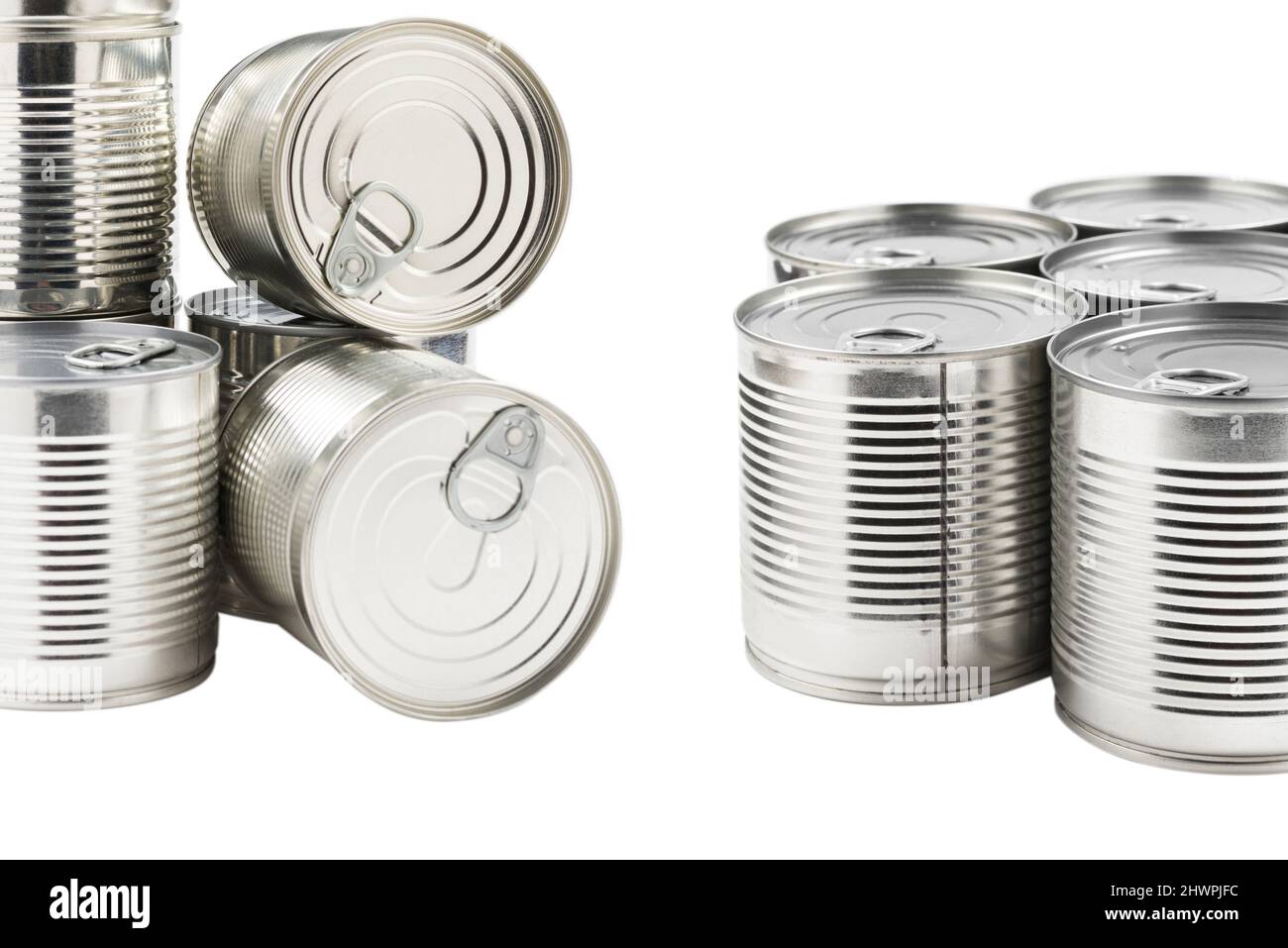 Group of silver canned food on white background Stock Photo - Alamy