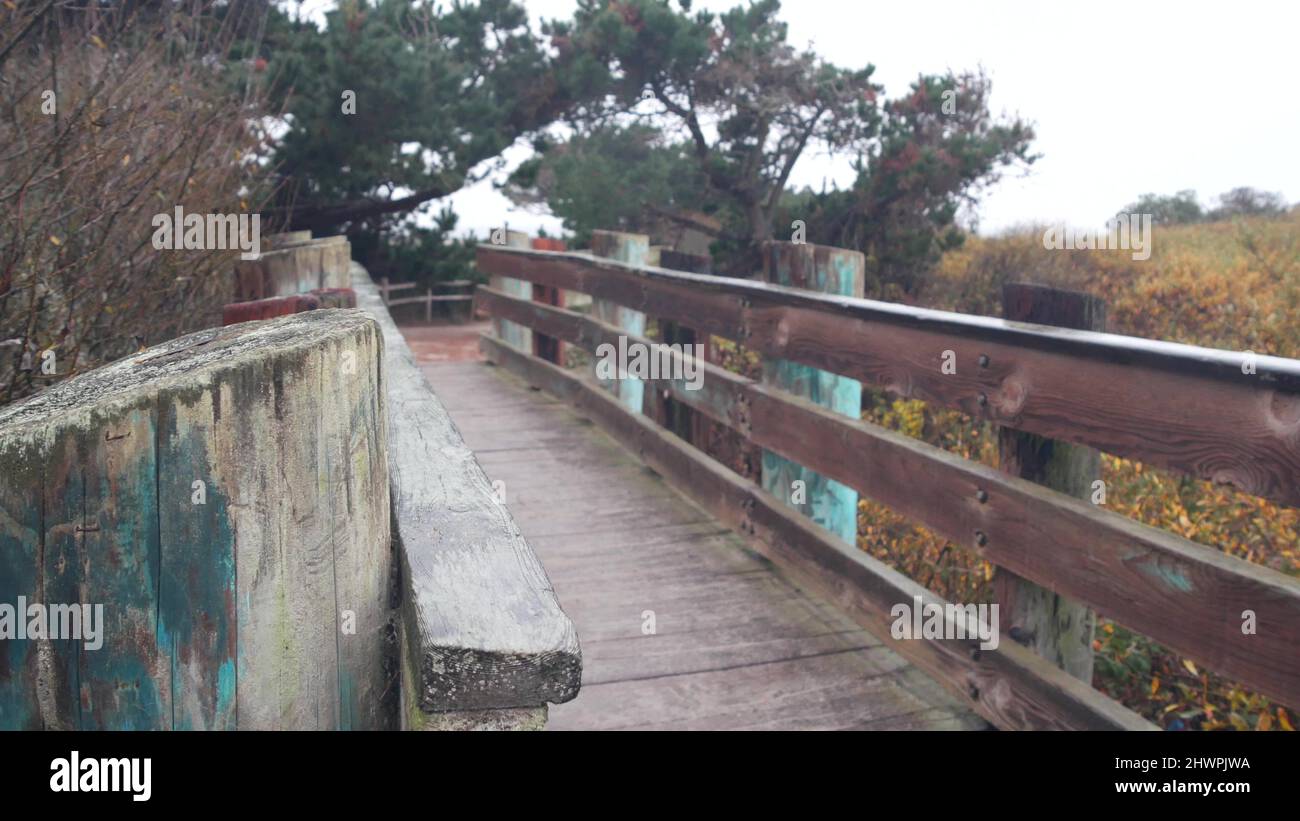 Wooden bridge on footway trail, boardwalk path for trekking, hiking in ...
