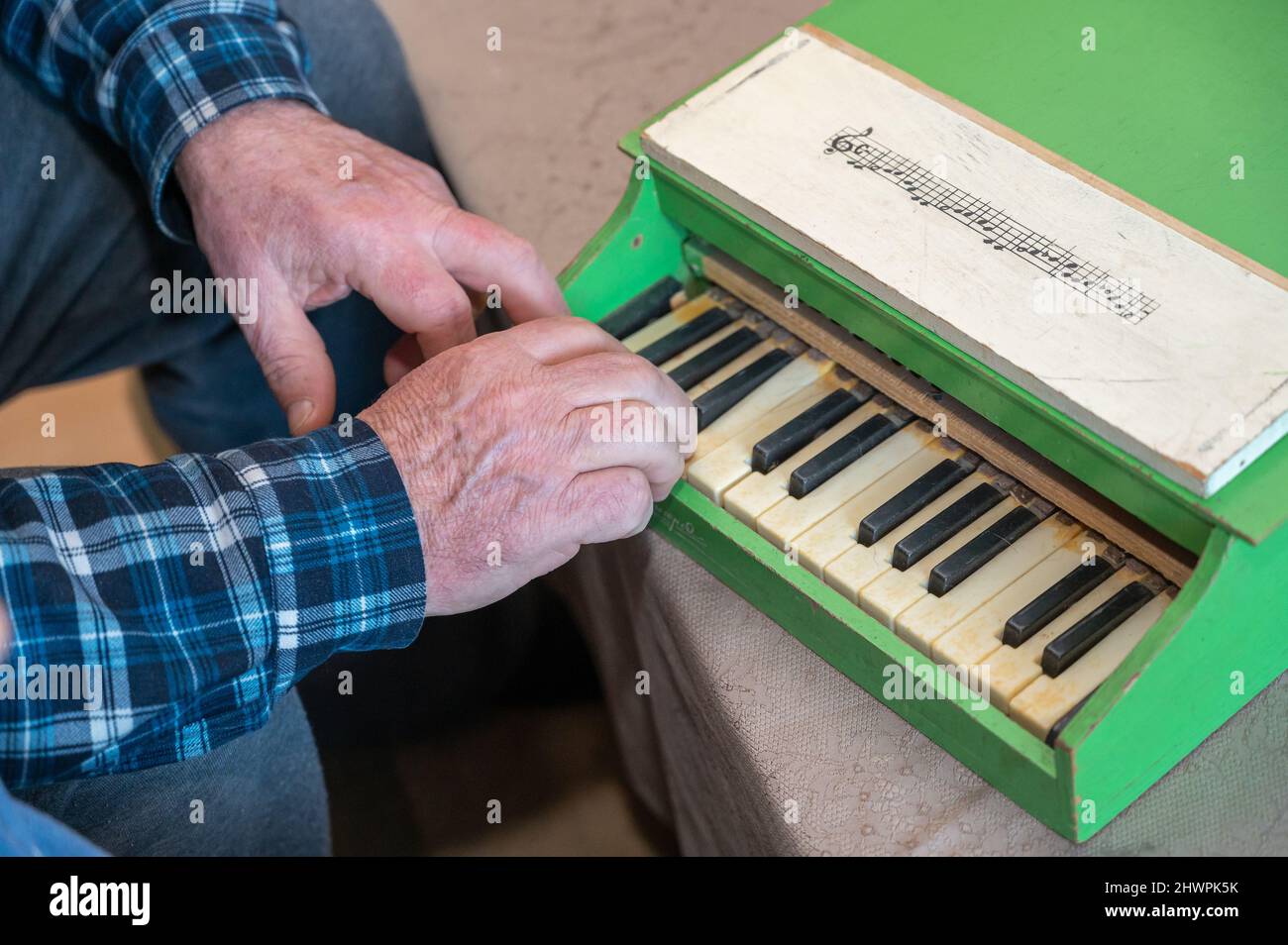 An elderly man plays a toy piano. Hands press the keys of an old ...
