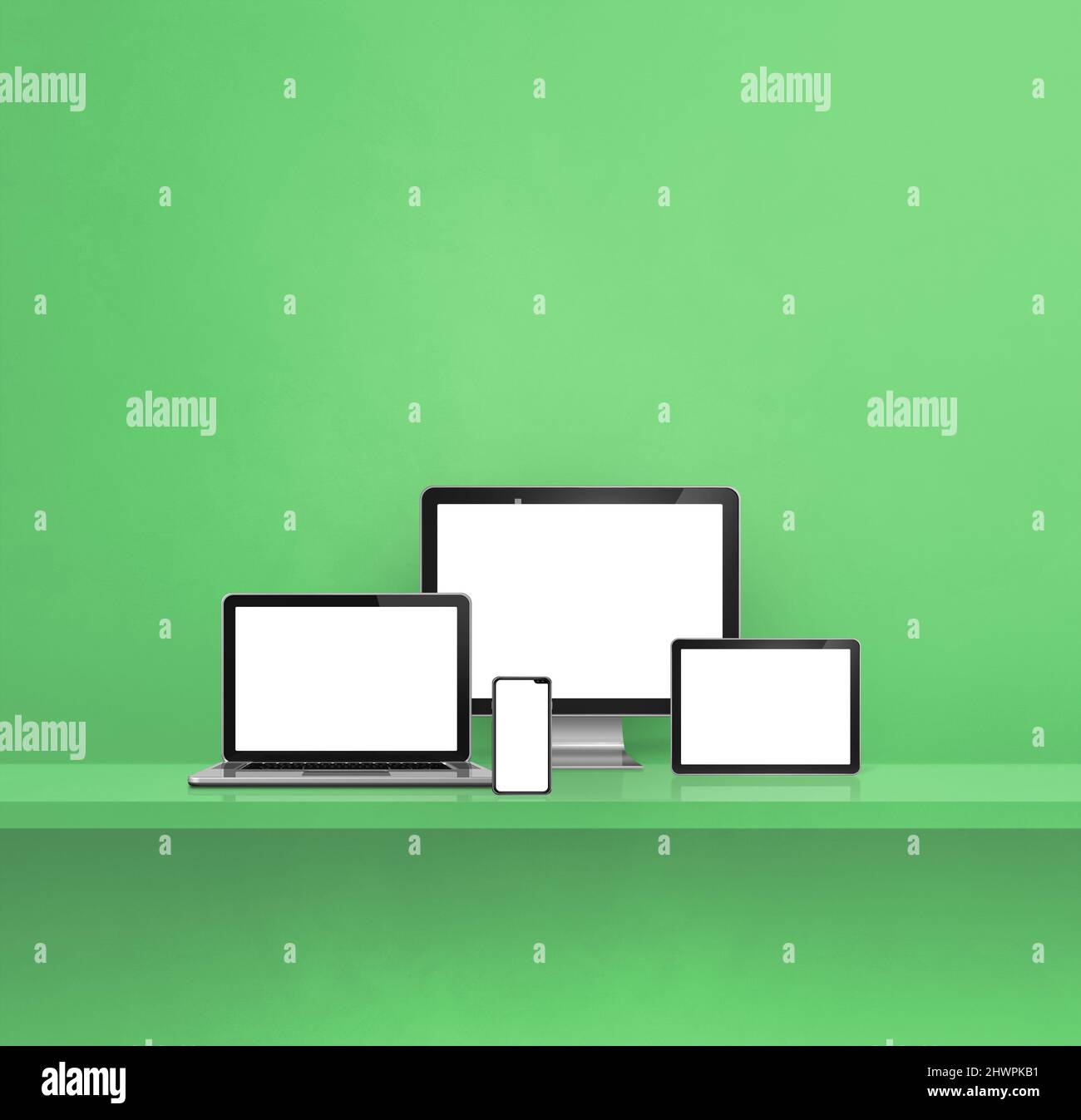 Computer, laptop, mobile phone and digital tablet pc - green wall shelf ...