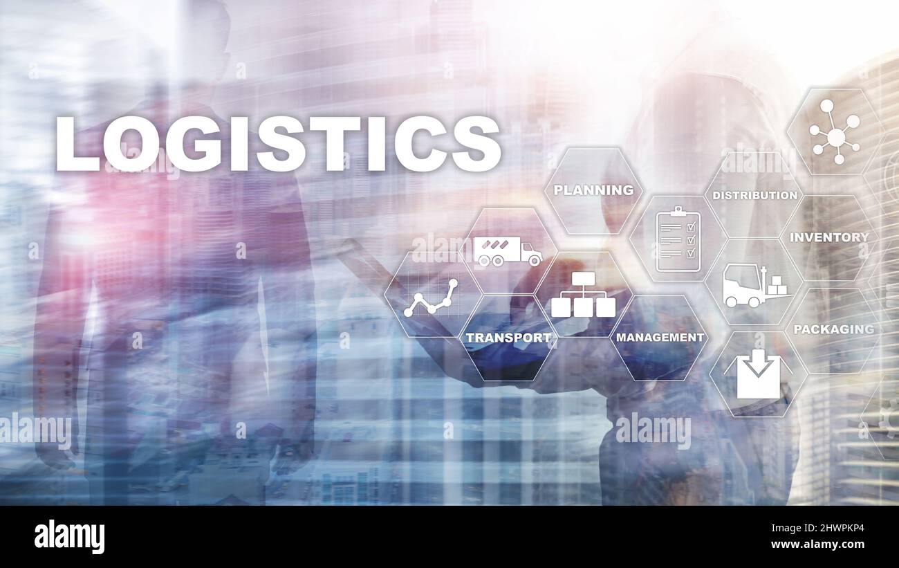 Logistic and transport concept. Businessman shows logistics diagram ...