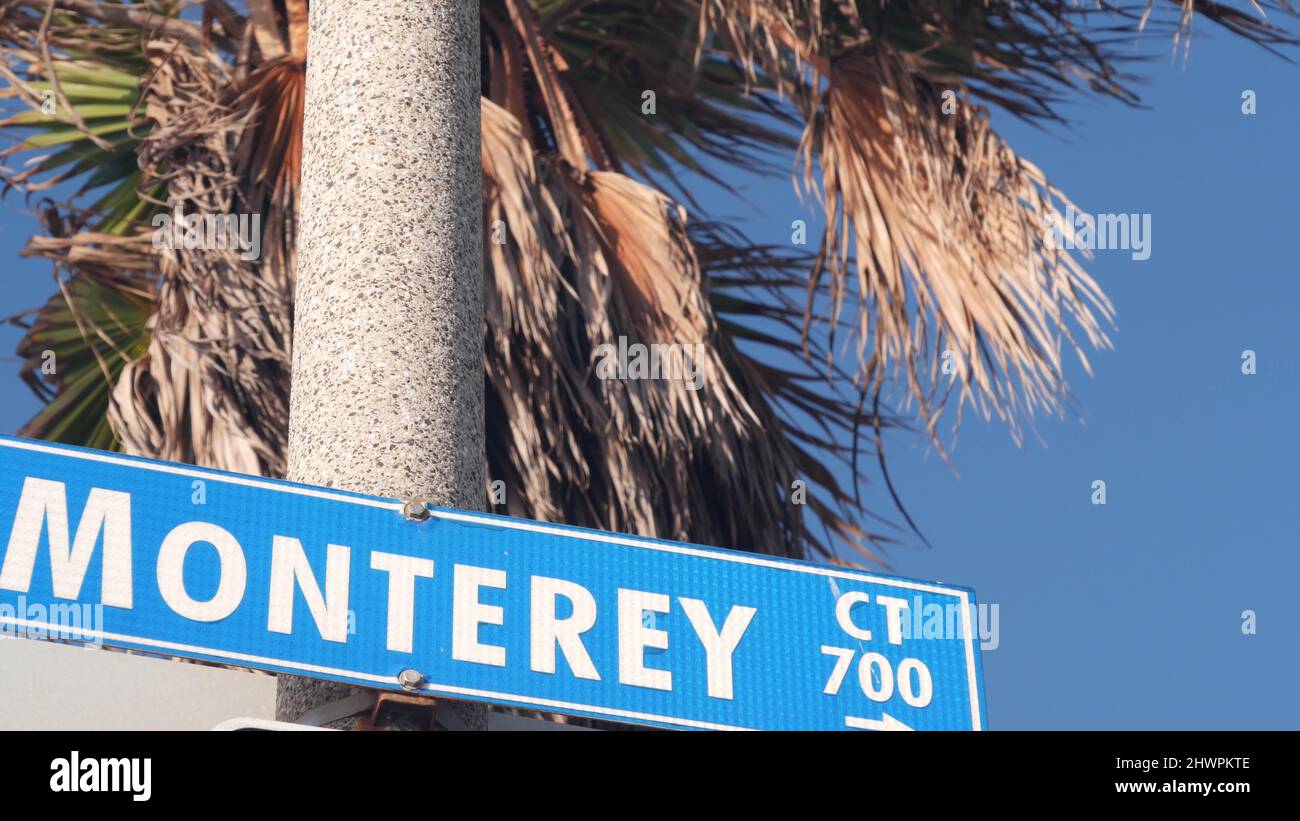 Monterey road sign, California street crossroad, USA. Tourist resort ...