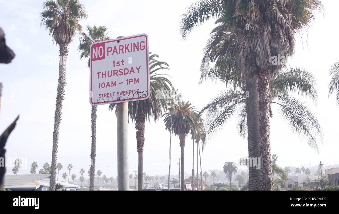 No parking road sign, street sweeping signage, city near Los Angeles ...