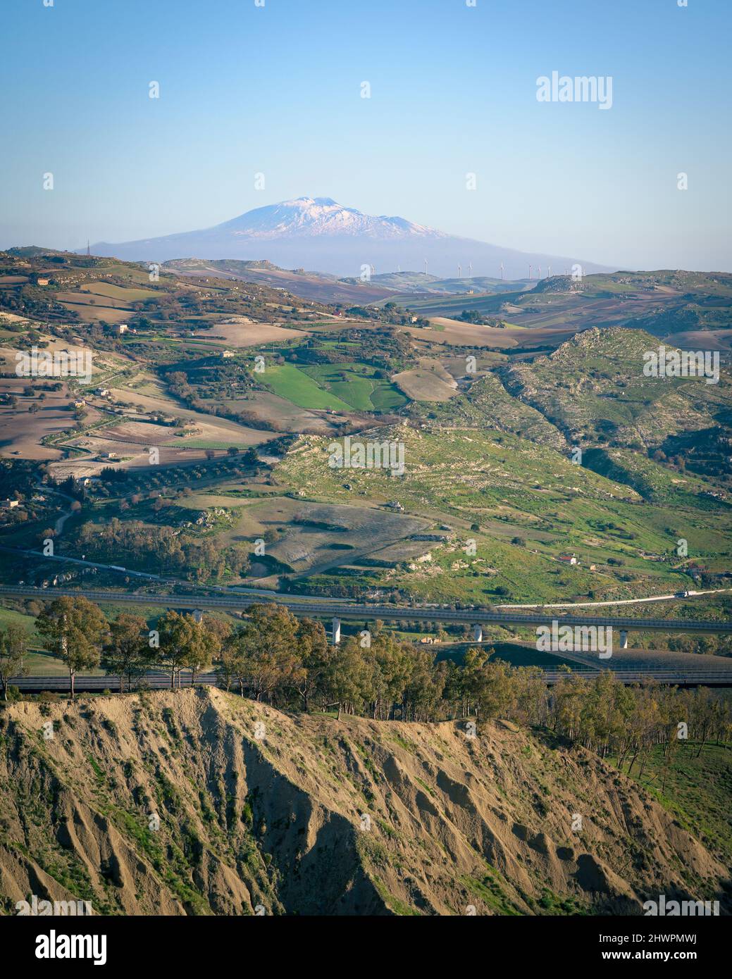 Hill landscape of Central Sicily near Caltagirone medieval town, with ...