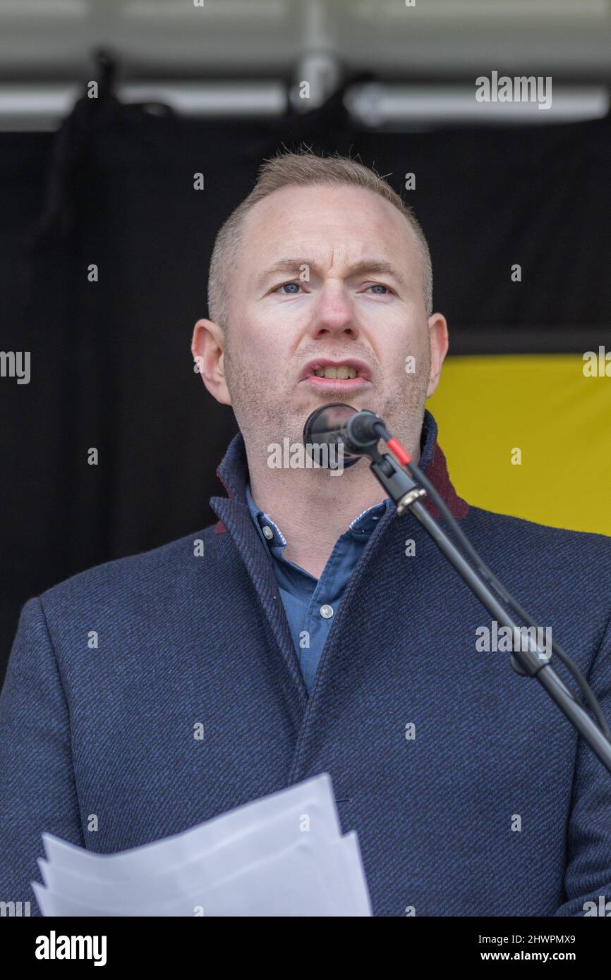 Sinn Féin MP for South Down Chris Hazzard speaks at a Stop the War Stop ...
