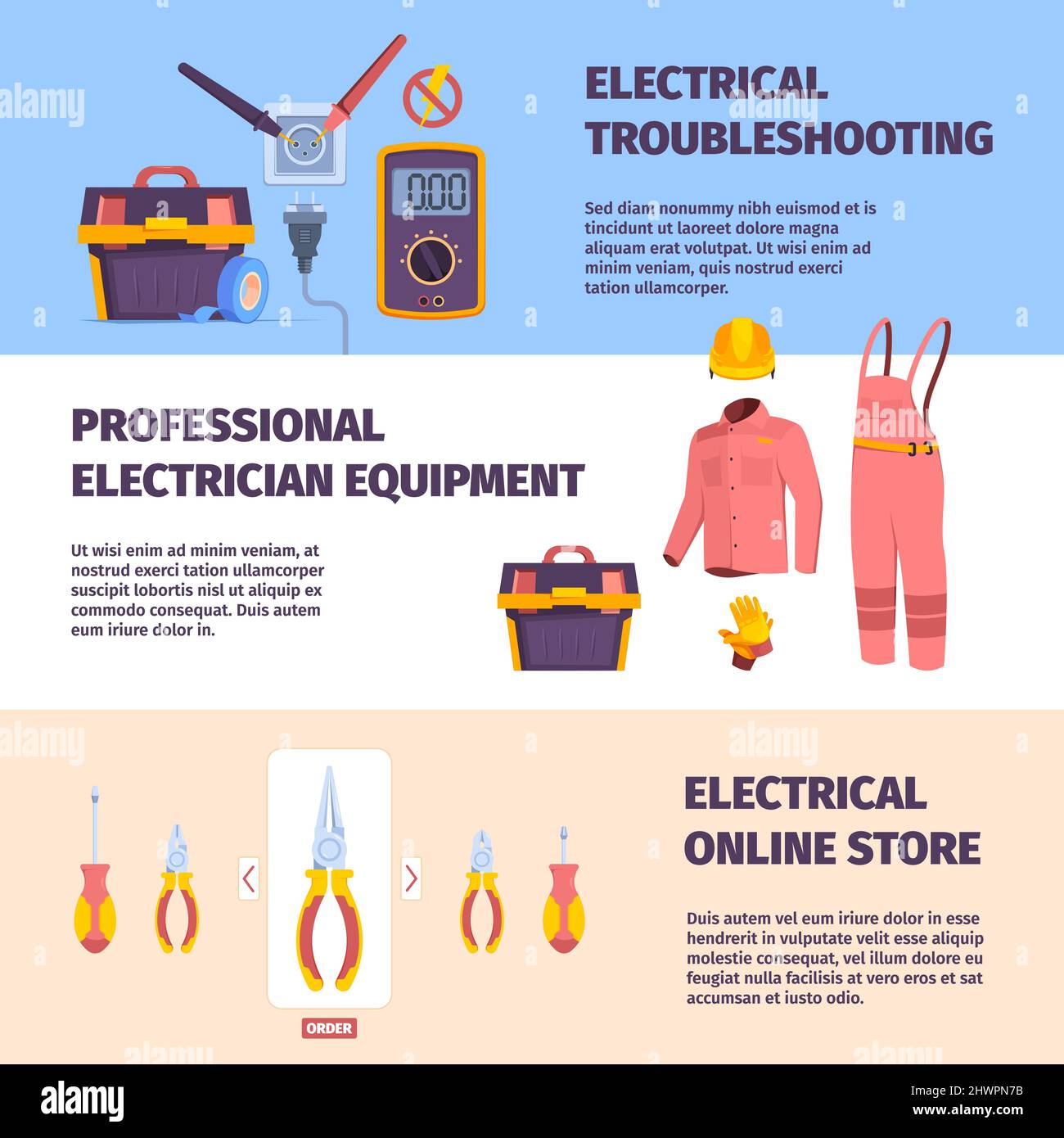 Electrician workers banners. Power energy engineers with repairing ...