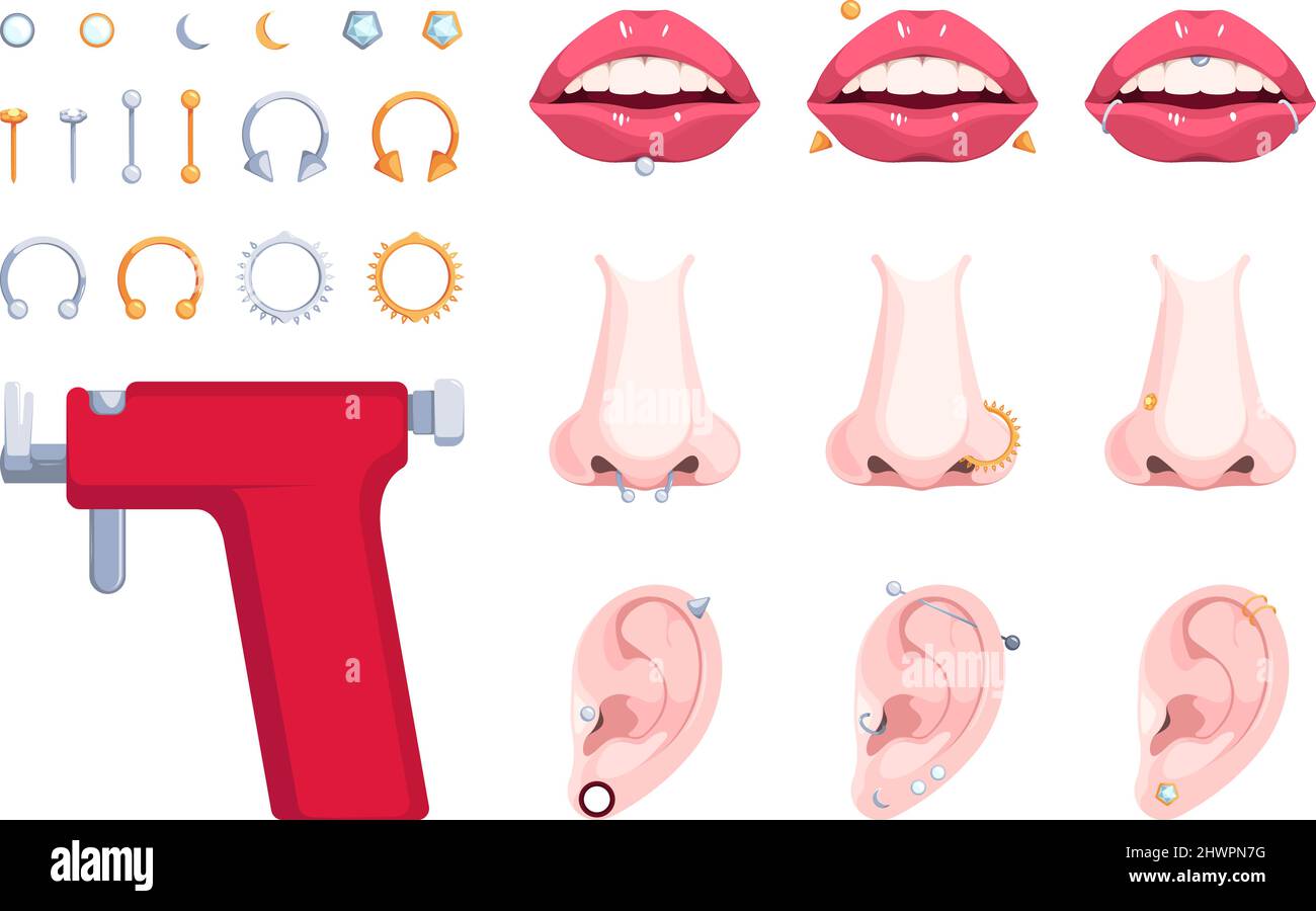 Piercing face. Body decoration metallic geometrical symbols rings dots ...