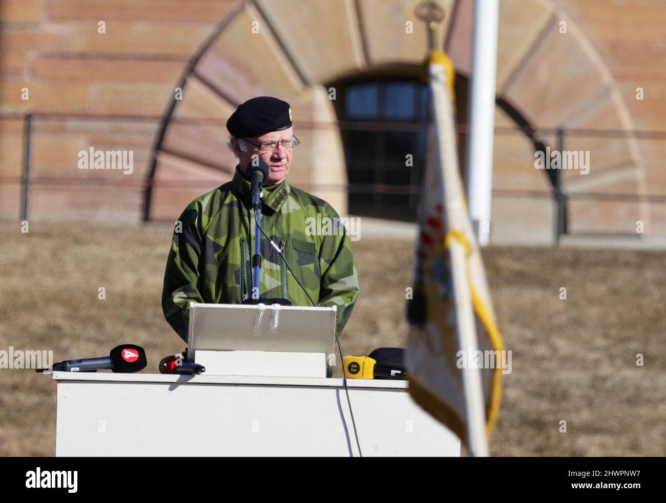 Karlsborg, Sweden. 07th Mar, 2022. King Carl Gustaf attends a standard ...