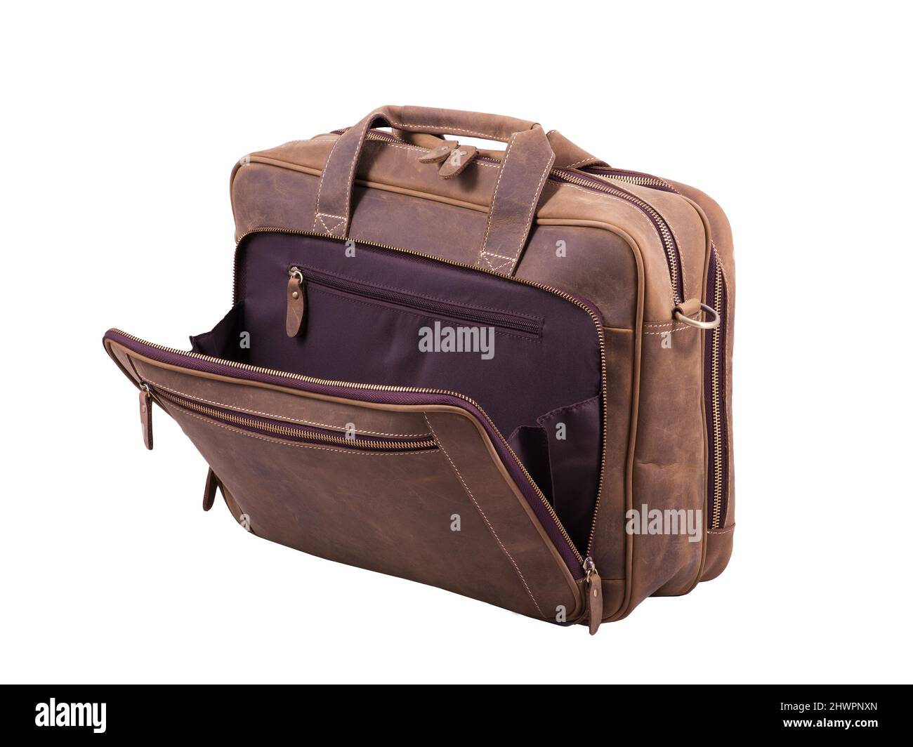 Brown leather business briefcase with open front compartment isolated ...