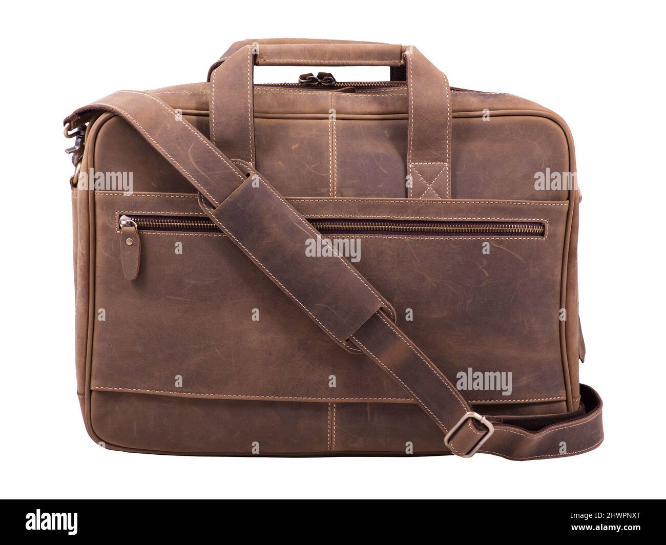 Leather business briefcase with shoulder strap isolated on white ...