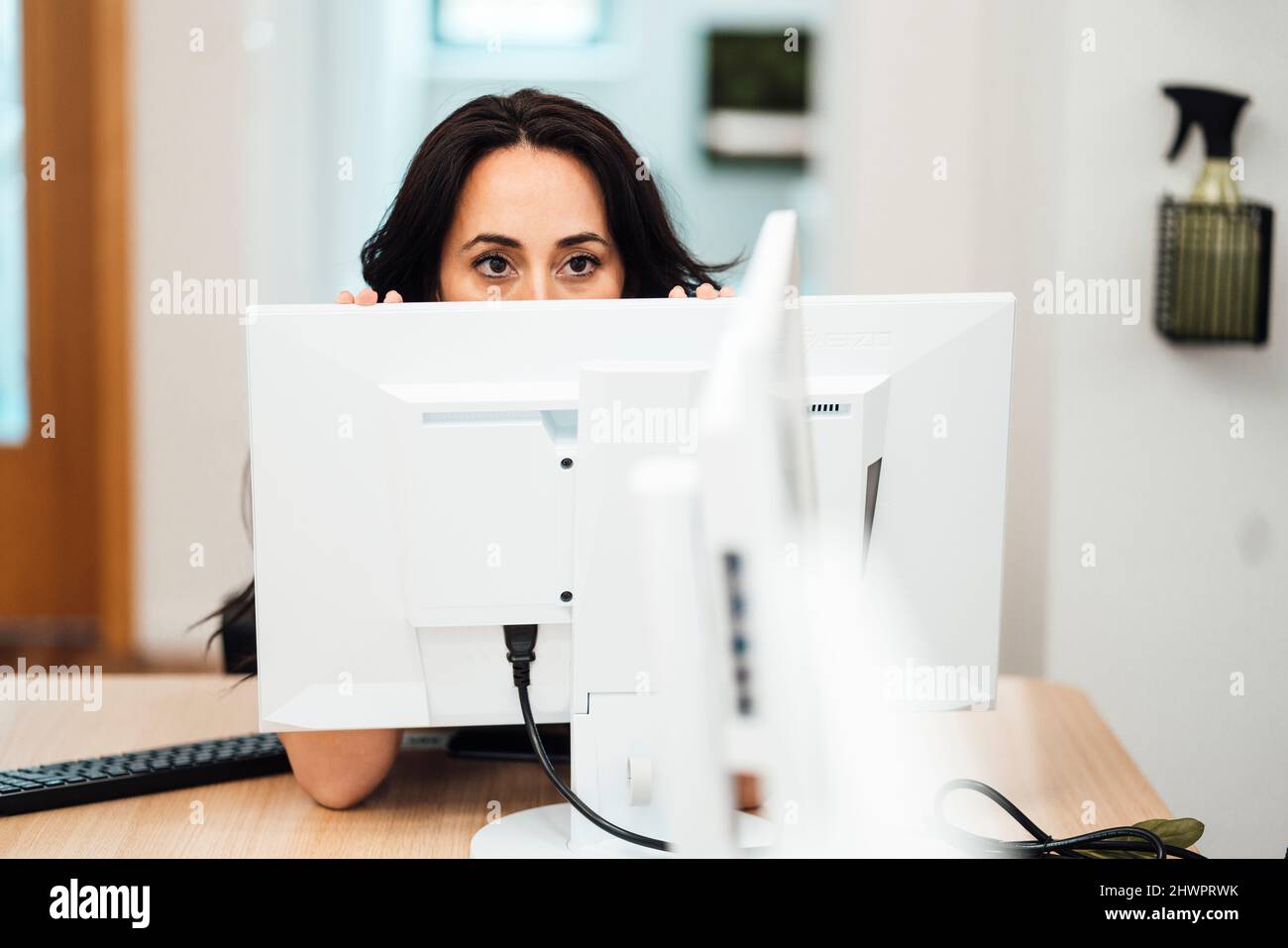Adult looking at computer screen behind hi-res stock photography and ...