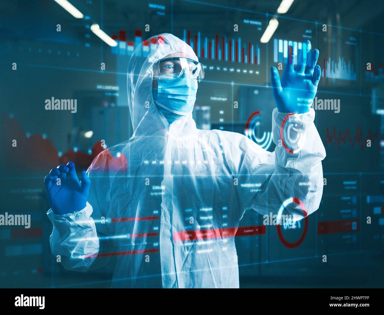 Industrial worker wearing protective workwear using transparent touch ...