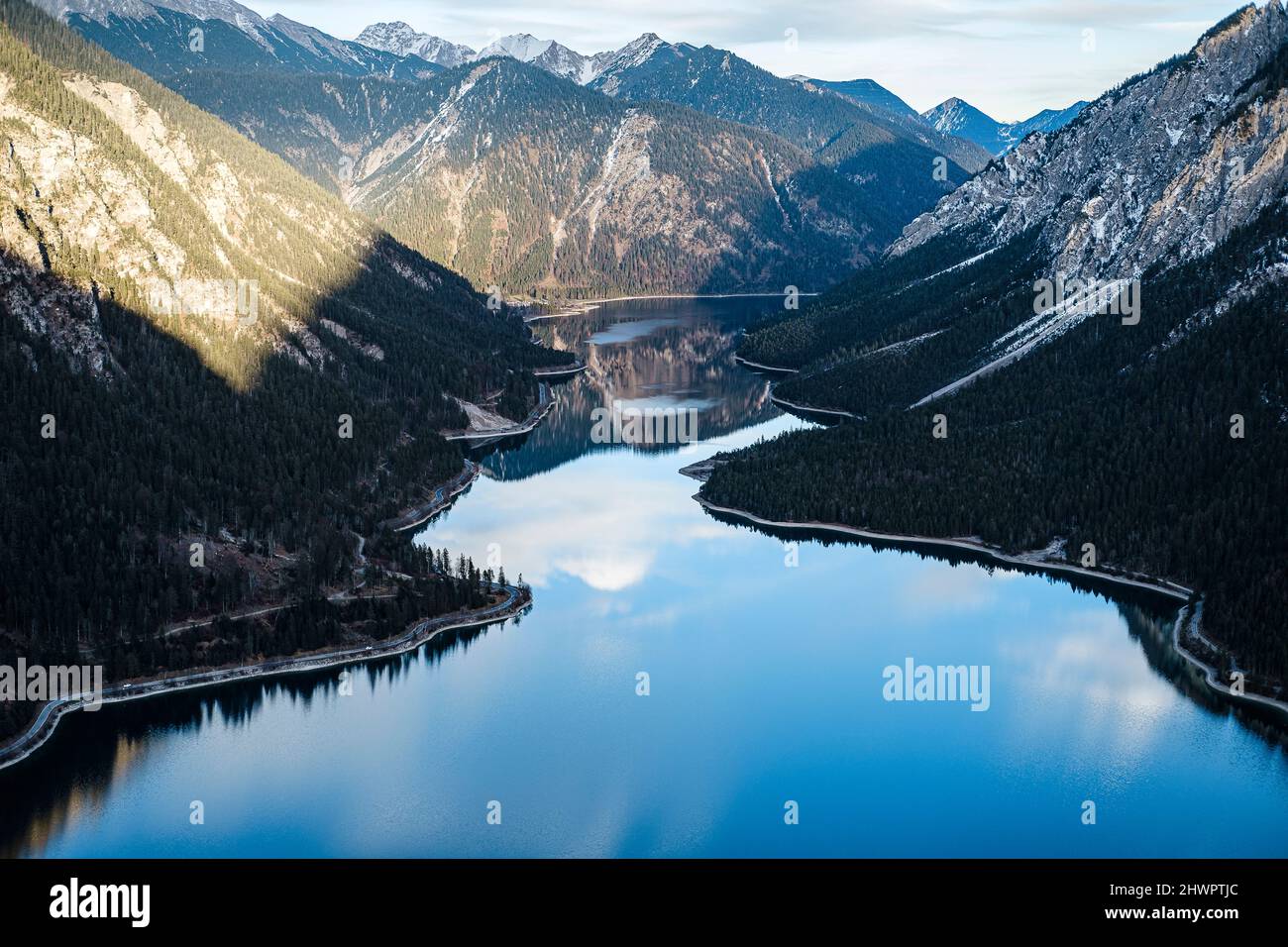Lake Plansee seen from Tauern, Ammergau Alps, Reutte, Tyrol, Austria ...