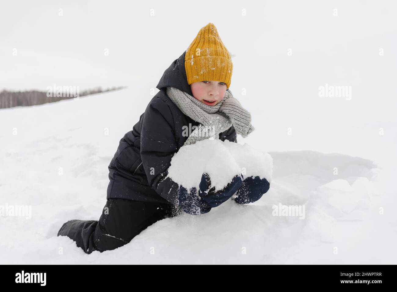 Boy playing with snow in winter Stock Photo - Alamy