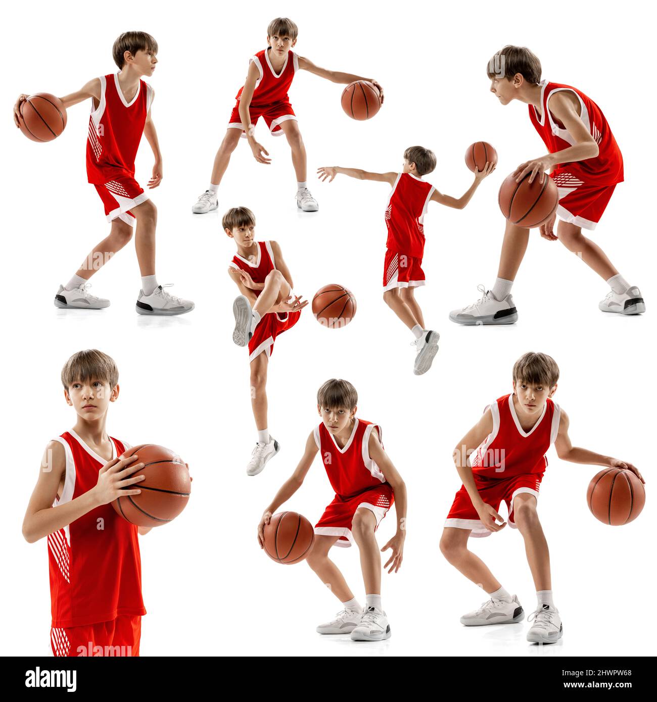 Collage of portrait of teen boy, basketball player in red uniform ...