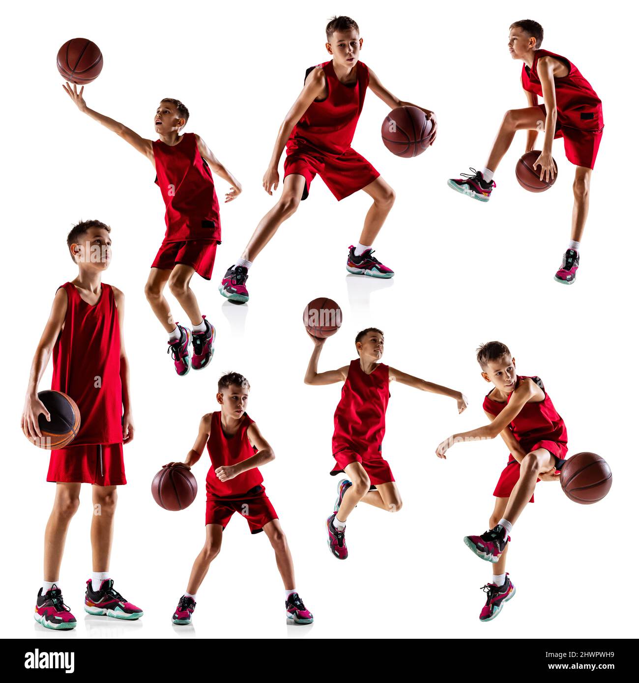 Collage of portrait of teen boy, basketball player in red uniform ...