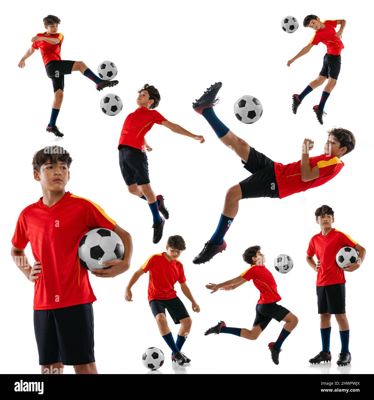 Collage. Portraits of teen boy, football player in red uniform training ...