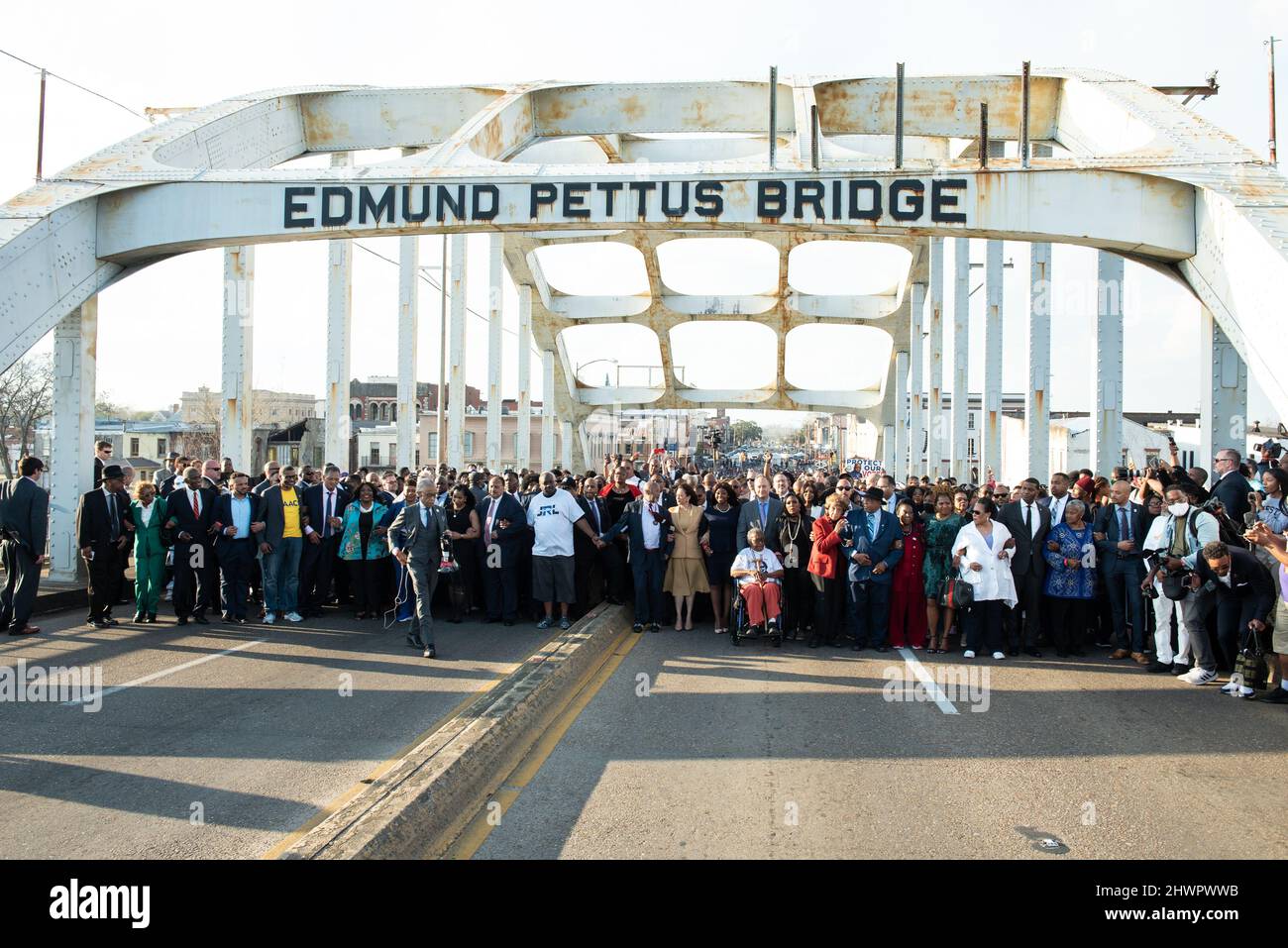 Vice President of the United States Kamala Harris crosses the Edmund ...